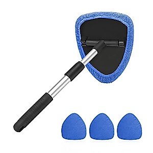 Windshield Cleaning Tool, Car Window Cleaner with Extendable Long Handle and 4 Washable Reusable Microfiber Pads, Auto Interior Exterior Glass Wiper Cleaning Kit Universal for Office and Home (Blue)
