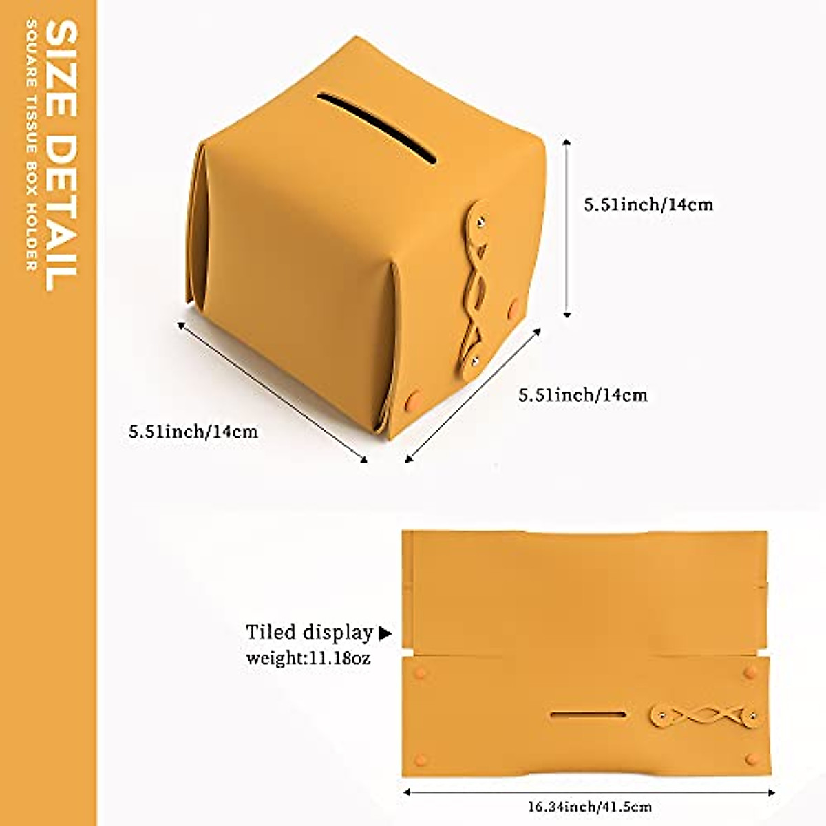 Kevancho Leather Tissue Box Cover Square, Tissue Box Holder Dispenser for Car, Home, Bathroom, Bedroom, Office, Night Stands, Desks and Tables (Yellow, Square)