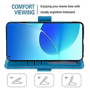 Asuwish Compatible with Oppo Reno 6 5G Wallet Case and Tempered Glass Screen Protector Flip Purse Accessories Wrist Strap Credit Card Holder Stand Cell Phone Cover for Reno6 2021 Women Men Blue