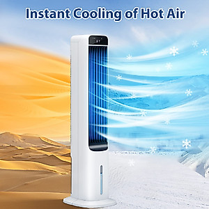 LifePlus Portable Evaporative Cooler, Swamp Bladeless Tower Fan Air Conditioner with Ice Cooling & Humidification, 4Ice Packs, 70°Oscillation, Low Noise for Kitchen Bedroom Office, 1.32 Gallon, White