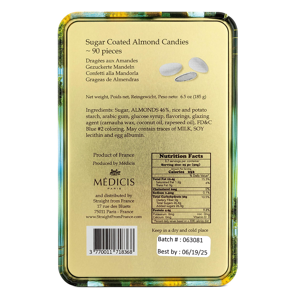 Straight from France Premium Candied Almonds (French Jordan Almonds) in Paris Themed Tin, Great Candy Gift Tin Ideal as a Party Favor and for the Holidays, 90 count (White)