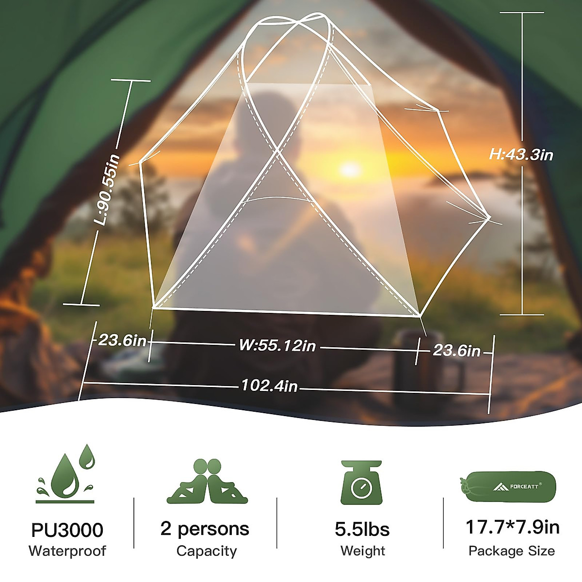 Forceatt Camping Tent 2 Person, Backpacking Tent Waterproof & Windproof, Ultralight Instant Tent with Rain Fly for Camping, Hiking, Outdoor