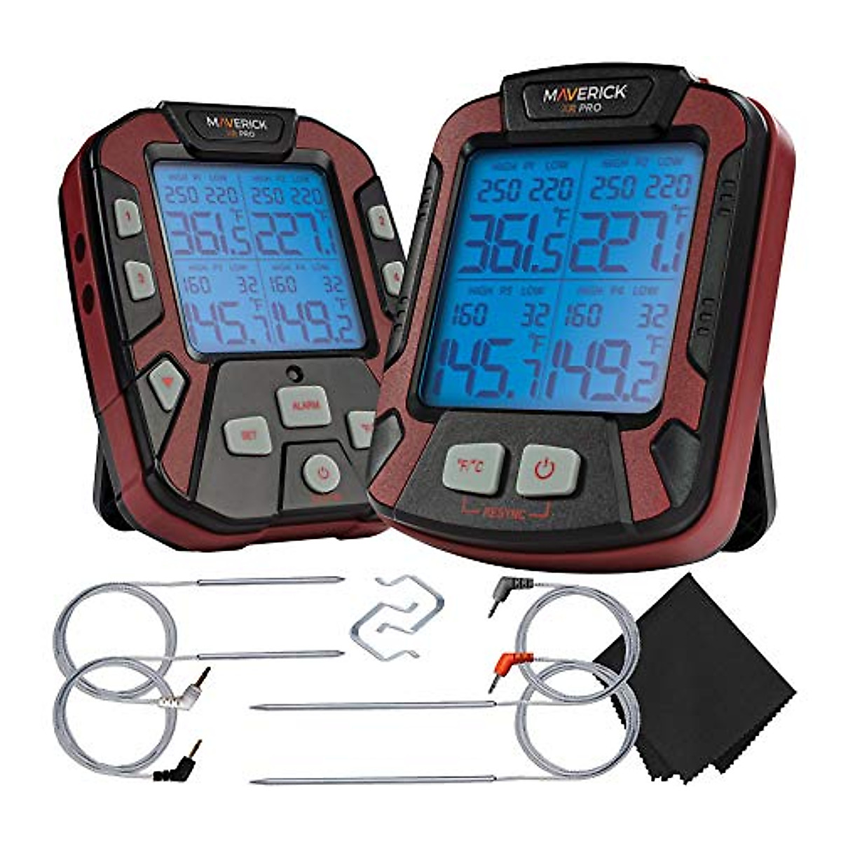 Maverick PRO-Series XR-50 Extended (500FT Range, 4 Probe) Digital Remote Wireless BBQ, Meat & Smoker Thermometer, Black/Red and Z-Cloth Bundle
