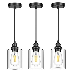 Licperron 3 Pack Hanging Pendant Lighting Fixtures, Adjustable Black Hanging Ceiling Lamp with Clear Glass Shade, Modern Pendant Light for Kitchen Island, Dining Room, Bedroom, Hallway