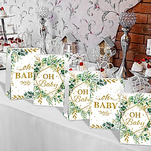 ZOIIWA 12pcs Oh Baby Party Favors Bags Sage Green Candy Bags Eucalyptus Leaf Treat Bags Gold Foil Greenery Goodie Bags for Sage Boho Woodland Neutral Baby Shower Party Decorations Supplies