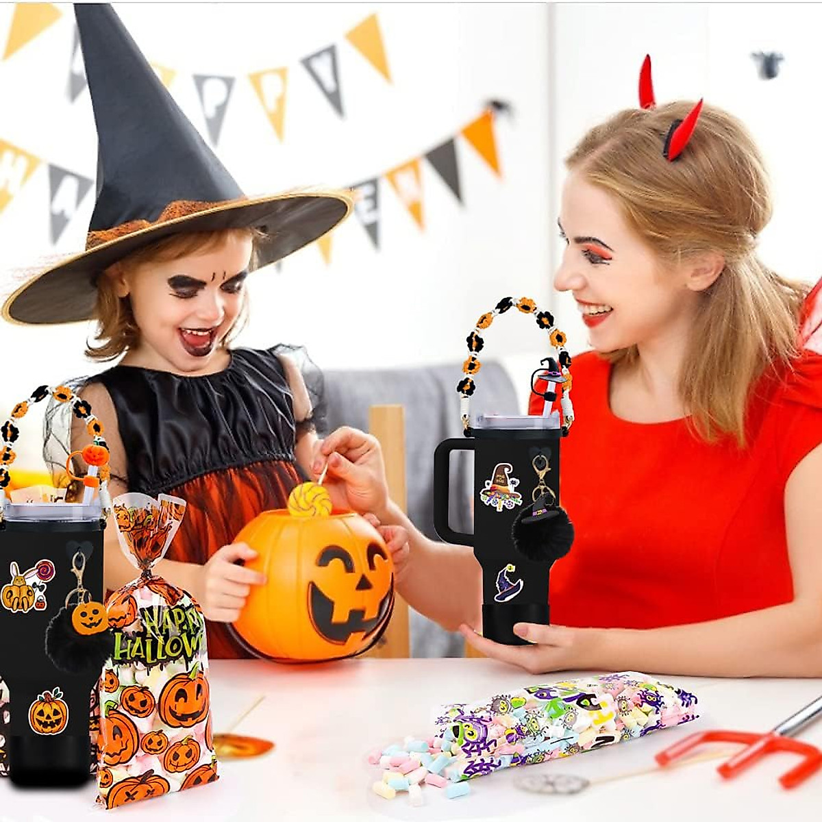 Halloween Stanley Cup Accessories Set,Personalized Charm Including Straw Cover,Handle rope,Halloween stickers,cup ring,plush pendant,Silicone Boot,Heart Buttons(Pumpkin)