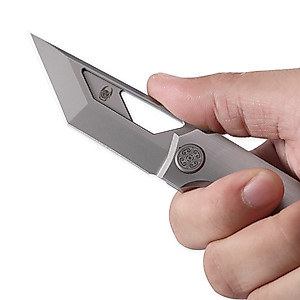 Cavol Knife Shimo Folding Knife,2.56" M390 Ceramic Coated Pocket Knife,3.86" Titanium Frame Lock Thumb Hole & Front Flipper Knife,2.91oz EDC Knife for Outdoor Camping Grey