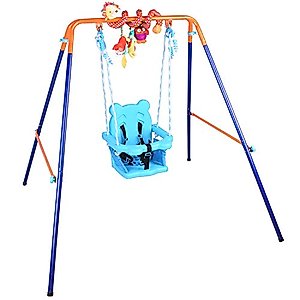 DRM Folding Toddler Swing with Spiral Hanging Toys - Heavy-Duty Indoor Outdoor Baby/Child Swing Set with Safety Seat for 9-36 Months Old
