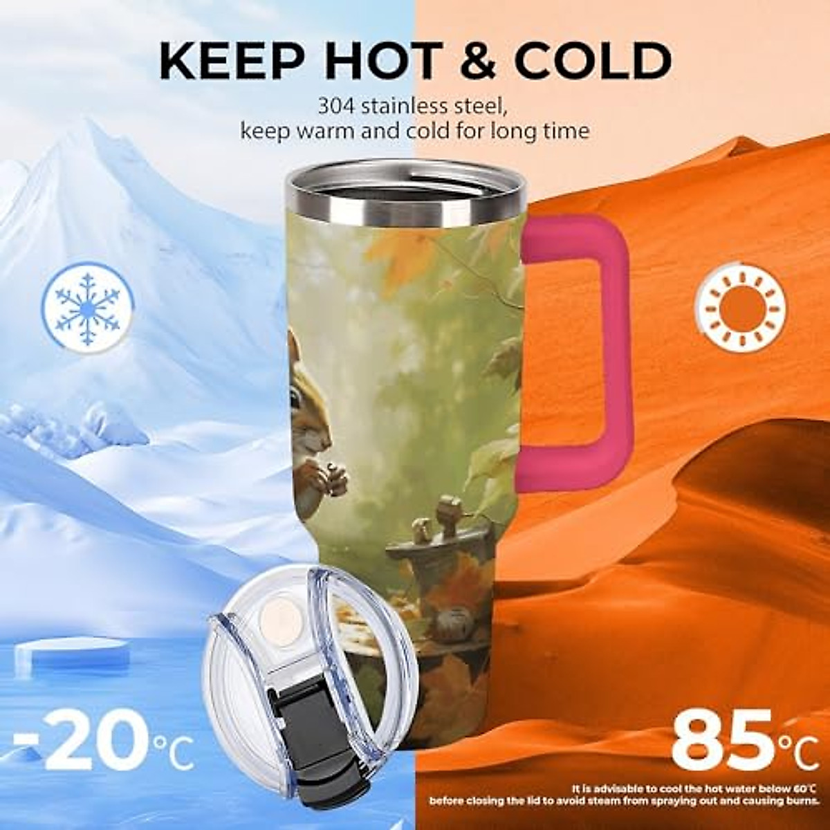 LLUTSNTH 40 Oz Vacuum Tumbler with Light Rose Red Handle Leakproof Insulated Tumbler Squirrel Eats Nuts Stainless Steel Travel Mug with Lid And Straw Coffee Cup Cute Water Bottles Cup Holder Friendly