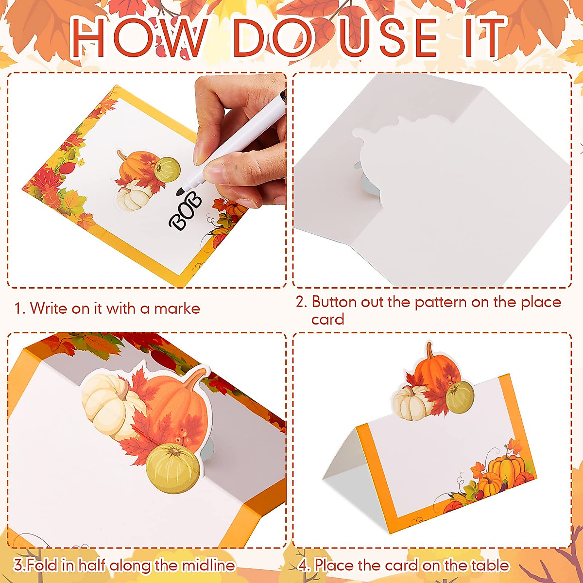 36 Pcs Thanksgiving Place Cards Pumpkin Fall Leaves Name Place Cards and 2 Pcs Permanent Markers Black Markers Name Tents Thankful Greeting Cards for Thanksgiving Harvest Party Bridal Shower Birthday