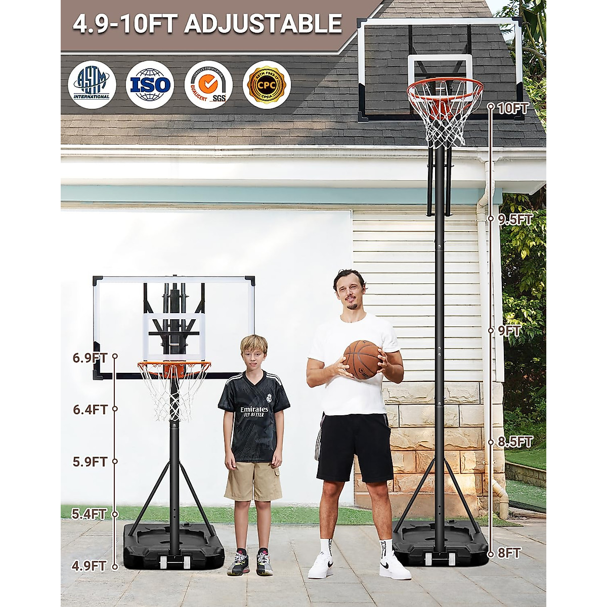 WIN.MAX Portable Basketball Hoop Quickly Height Adjusted 4.9-10ft Outdoor/Indoor Basketball Goal System with 44 inch Backboard and Wheels for Adults