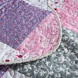 HoneiLife King Size Quilt Set - 3 Piece Microfiber Quilts Reversible Bedspreads Patchwork Coverlets Floral Bedding Set All Season Quilts-Purple Rose