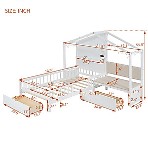 BestLM Twin Size House Bed with Upholstered Sofa & Sparkling Light Strip on The Roof, Wood Platform Bed House Bed Frame with Charging Station, Wireless Charging, Shelves & Two Drawers, White