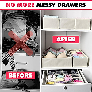 JM PLUS LLC 6 Pack Underwear Organizer with dividers, 58 Cell Drawer Organizer for Clothing Foldable Non-Woven Fabric Dresser Organizer & Storage Boxes for Socks Bra Panty Scarf Ties (Beige)