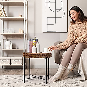 Woven Round End Table Rattan, 19in Small Side Table, Accent Table, Modern Bedside Table,Outdoor Side Tables for Patio,Brown Round End Table for Sofa Living Room Bedroom Office Balcony