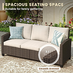 VICLLAX 8 Pieces Wicker Patio Furniture Set with Fire Pit Table 44.8" Metal Top, 3-Seat Sofa, 4 Single Chairs, 2 Ottomans, Outdoor Conversation Set for Garden, Poolside, Backyard, Beige Cushion