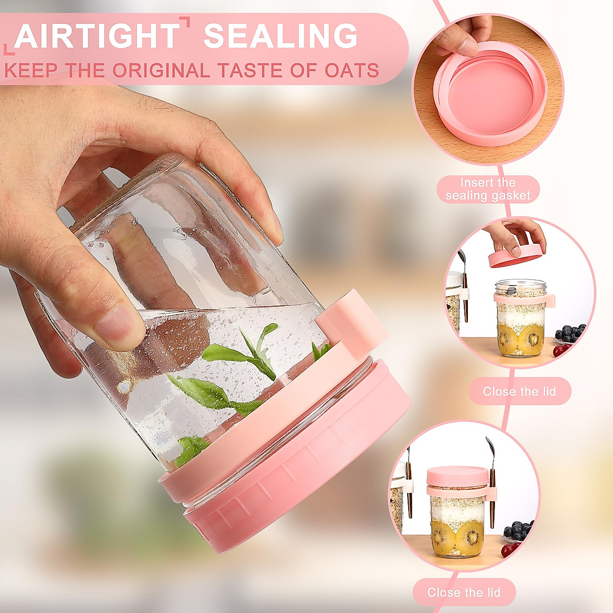 KAIZHOUZHOU 16oz Glass Mason Overnight Oats Jars, Cereal, Yogurt, Salad Lunch,Glass Overnight Oats Containers with Lids and Spoon, Container with Measurement Marks -(Yellow&Pink&White&Gray-4Pcs)