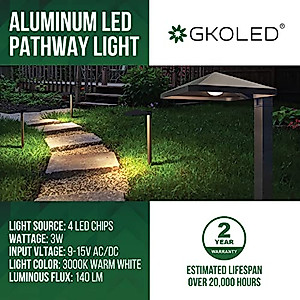 GKOLED 6 Pack Low Voltage LED Landscape Pathway Light, Outdoor Garden Yard Walkway Sidewalk Driveway Lighting, Waterproof Path Lights with Large Stake, 3W 3000K, Die-cast Aluminum Housing, Black