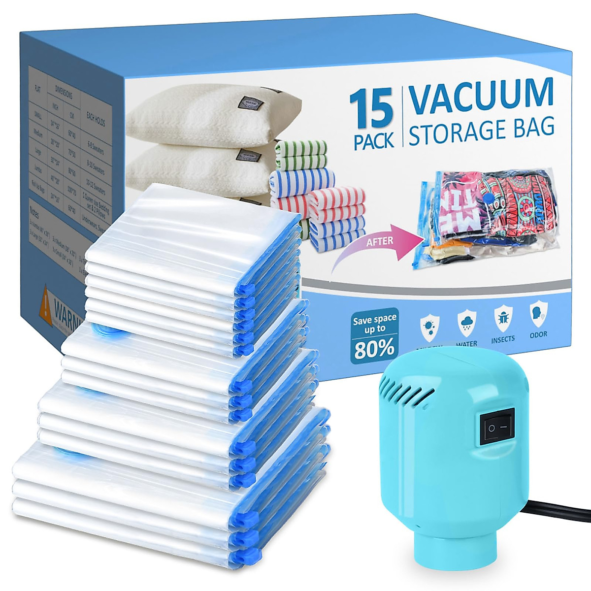 BAMCOO Vacuum Seal Bags for Clothing with Electric Pump, 15 Pack (3 Jumbo 3 Large 3 Medium 3 Small 3 Roll Up Vacuum Bags) Space Bags Vacuum Storage Bags for Travel, Luggage, Blankets, Bedding