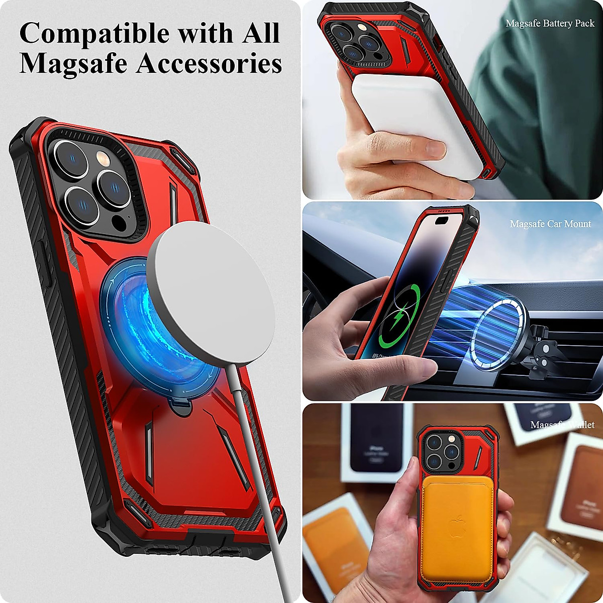 MMHUO 360°Rotatable Magnetic Ring for iPhone 14 Pro Max Case with Invisible Stand,[Compatible with MagSafe] Military Grade Drop Tested Heavy Duty Protective Case for iPhone 14 Pro Max,Red