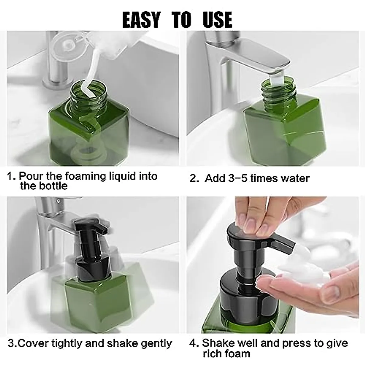Foaming Soap Dispenser, Refillable Hand Soap Dispenser, Pump Bottle 450ml(16oz), Plastic for Liquid Soap, Shampoo, Body Wash, 2 Pcs (Green+Green)