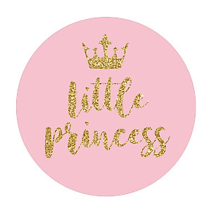 MAGJUCHE Pink Little Princess Crown Stickers, Gold Glitter Girl Baby Shower or Birthday Party Circle Sticker Labels, 2 Inch Round, 40-Pack
