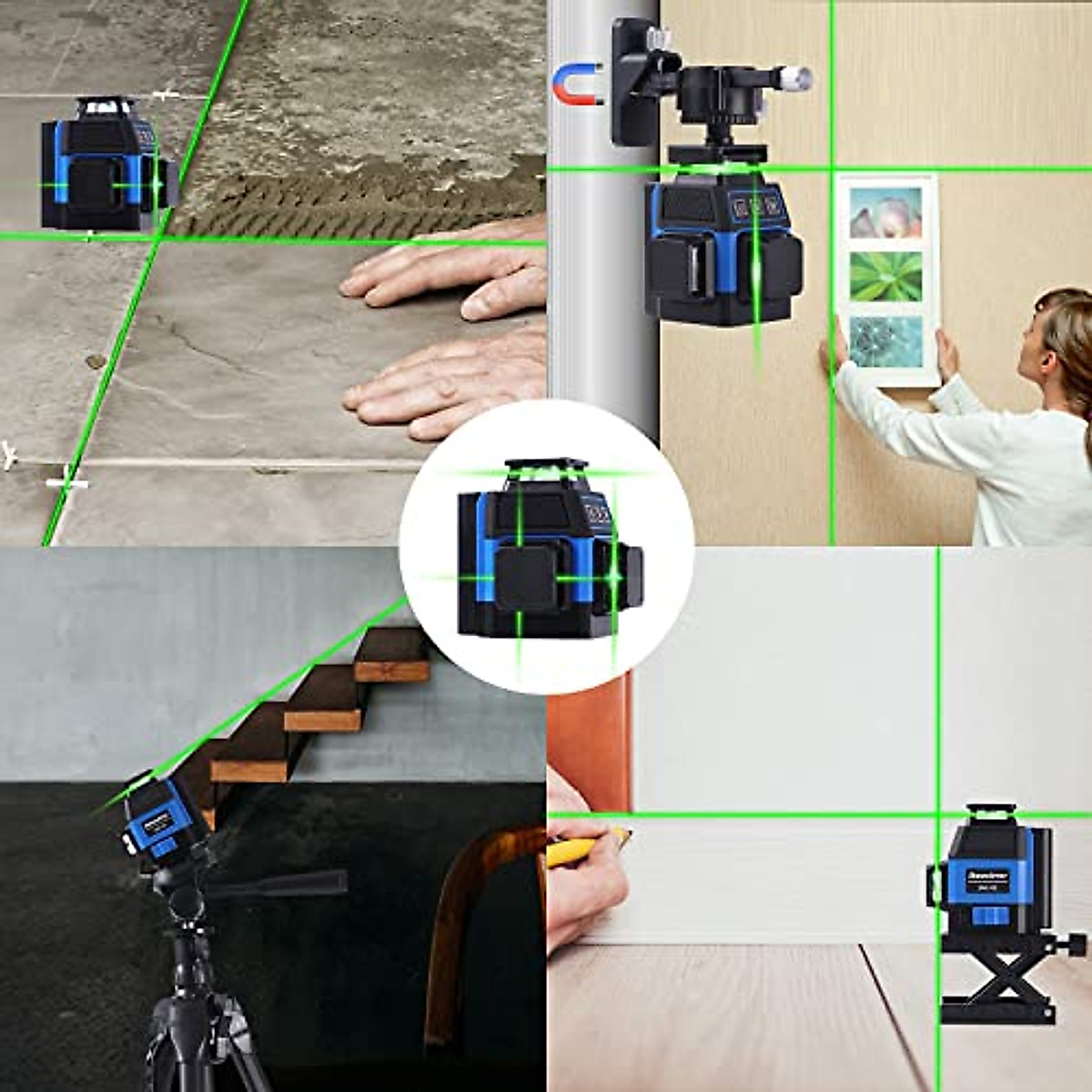 Laser Level Self Leveling - Jkaoclever 12 Lines 3x360° Laser Tool, 150FT Green Cross Line Lazer Level for Construction/Picture Hanging -Vertical/Horizontal Line, 2 Rechargeable Batteries, Wall Bracket
