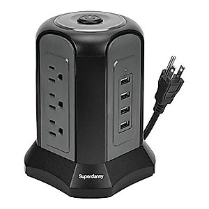 Power Strip Tower Surge Protector, SUPERDANNY Desktop Charging Station, 10 Ft Extension Cord, 9 Outlets, 4 USB Ports, 1080 Joules, 3-Prong, Grounded, Multiple Protections for Home, Office, Black