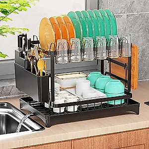 Harigal Dish Drying Rack, Large Capacity Dish Rack for Kitchen Counter, Stainless Steel 2 Tier Dish Rack, Kitchen Counter with Drainboard for Dishes, Knives, Spoons, and Forks