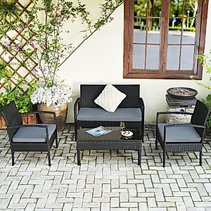 DORTALA 4 Piece Patio Furniture Set, Outdoor Rattan Wicker Conversation Set with Cushion & Coffee Table, Chairs and Table Set for Courtyard Balcony Garden, Black