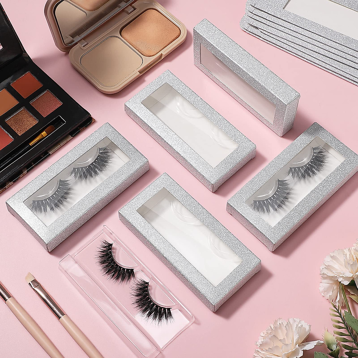 Noverlife 60PCS Empty Eyelash Packaging Box and Tray, 30 False Eyelash Storage Case 30 Transparent Tray, Lash Packaging Storage Container Lash Case Holder Tray Fake Lashes Holder Set - Glitter Silver