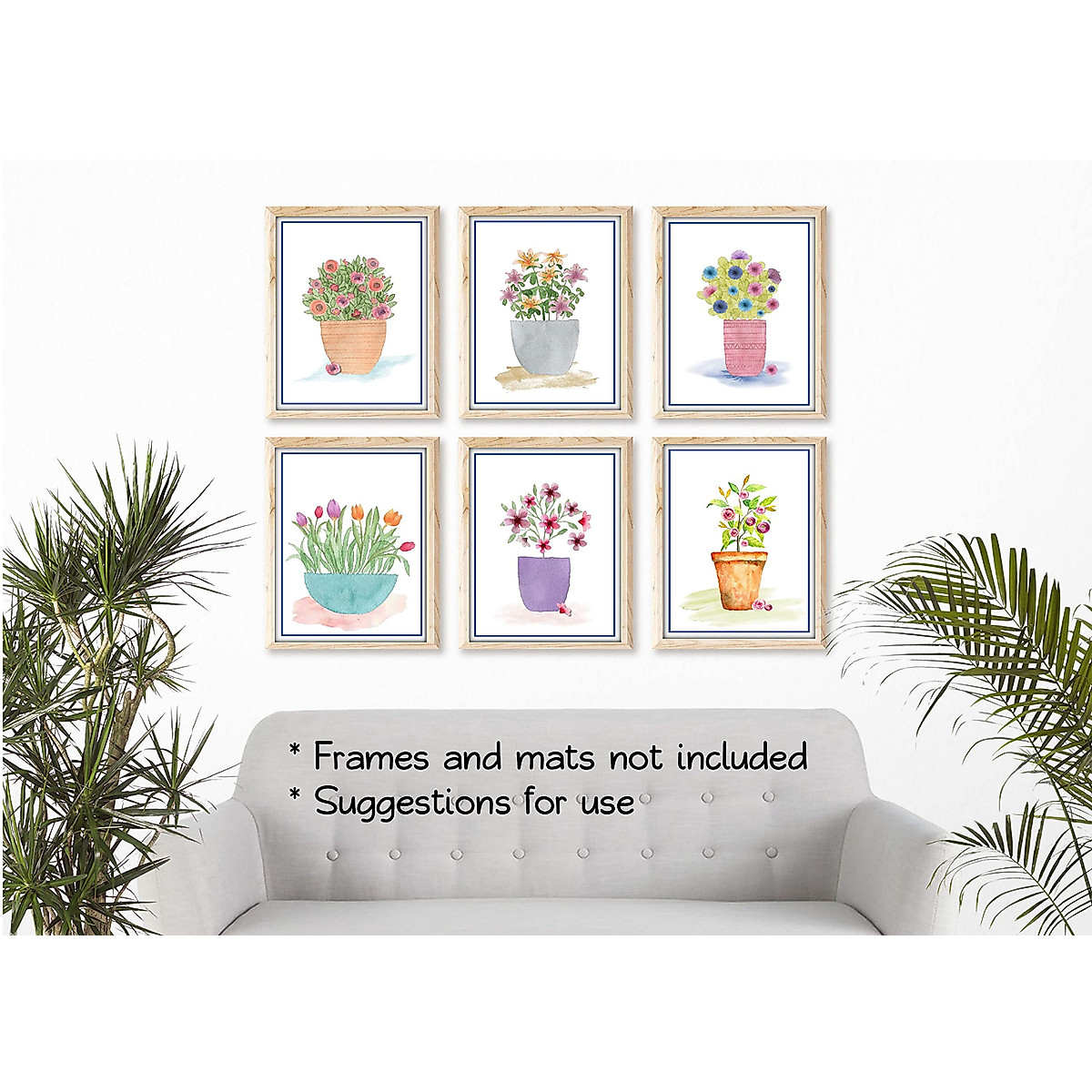 Floral Wall Art Decor - Potted Flower Botanical Prints - Set of 6-5x7 - Unframed