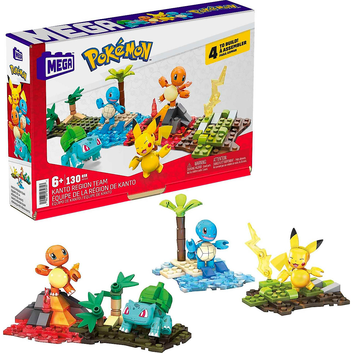 MEGA Pokémon Building Toys Set Kanto Region Team with 130 Pieces, 4 Poseable and Articulated Characters, 2 Inches Tall, for Kids