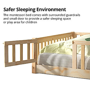 LLS Full Floor Bed for Children, Durable Montessori Floor Bed with Wood Slats, Safety Fence & Small Door, Wood Floor Bed Frame for Girls Boys and Children, Natural (with Bed Slats)