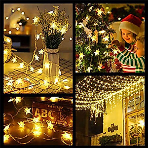 Solar star string lights, 39Ft 100LED, solar fairy lights with remote control 8 lighting modes, outdoor waterproof star flashing lights, suitable for home/party/garden/wedding/Christmas (warm white)