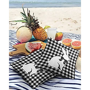 Outdoor Waterproof Throw Pillow Covers 2 Pack Rabbit Easter Bunny Point Bow Square Couch Sofa Cushion Cases White Black Checker Pillowcase Shell for Patio Garden Home Decoration