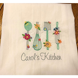 Personalized embroidered tea towel, spring kitchen utensils, flour sack dish towel, bridal shower or wedding gift under 20