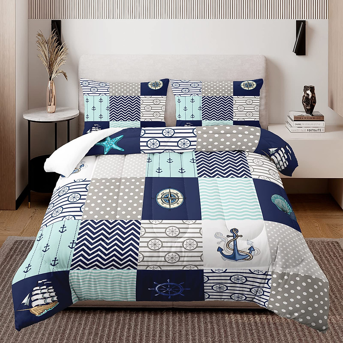 HOSIMA Nautical Comforter Set Queen,Plaid Patchwork Ocean Themed Bedding Sailboat and Anchor Print Kids Bedding Set for Boys Adult Kids Girls,Navy Blue Comforter Queen Size with 2 Pillow Shams.