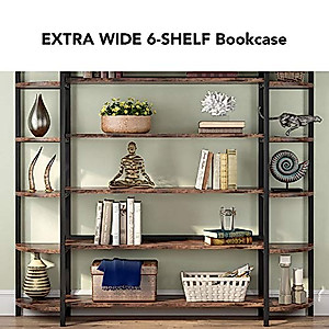 Tribesigns Modern Triple Wide 6-Shelf Bookcase, 6-Tier Large Etagere Bookshelves Storage and Double Wide Bookshelf Display Shelves with Sturdy Metal Frame for Home Office Deco, Rustic