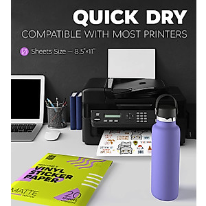 Premium Printable Vinyl Sticker Paper for Inkjet Printer and Laser - 20 White Matte Sticker Paper Waterproof - Durability Adhesive Paper 8.5 x 11, Fast Dry, Holds Ink Well, Great for Cutting Machines