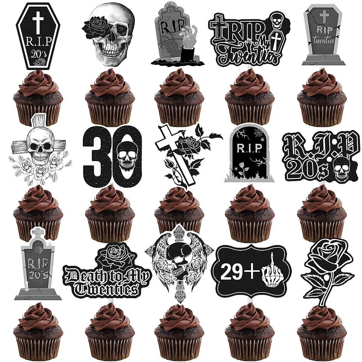 36Pcs Rip My Twenties Cupcake Toppers Happy 30th Birthday Party Decorations Black Death to My 20s Cake Picks for 30th Theme Birthday Party Supplies