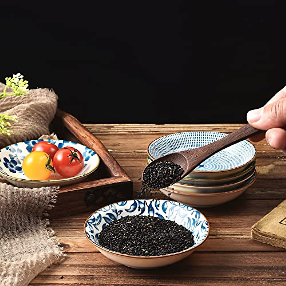 WEUNUM Soy Sauce Bowls/Dishes Set of 6, 4 Inch Dipping Bowls Sushi Plates and Appetizer Dessert Small Bowls for Charcuterie Board,3 oz Porcelain Pinch Bowls for Kitchen Prep(Blue mixed)