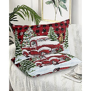 Edwiinsa Snowy Red Truck Pillow Covers Standard Size Set of 2 Bed Pillow, Plush Soft Comfort for Hair/Skin Cooling Pillowcases with Envelop Closure 20x26 Inches Christmas Tree Deer Buffalo Plaid