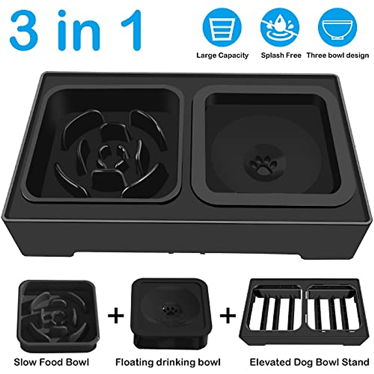 ikuso 2-in-1 Elevated Slow Feeder Dog Bowls 4 Height Adjustable Raised Dog Bowls with No Spill Water Bowl and Non-Skid Silicone Mat Non-Toxic Slow,Mess Proof,Non-Tip，Protect Dog Spine