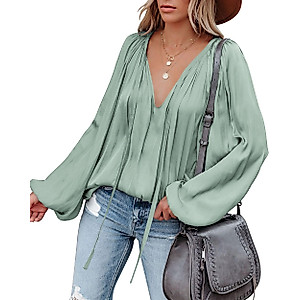 LAMISSCHE Womens Sexy Deep V Neck Blouse Lantern Long Sleeve Chiffon Shirt Oversized Drawstring Silk Satin Tunic(Light Green,XL)