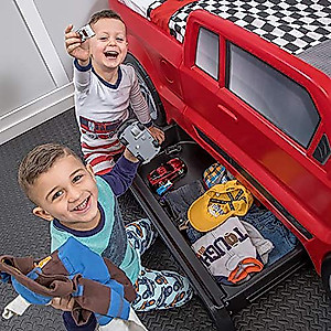 Step2 Turbocharged Twin Size Truck Car Bed – Vibrant Red Realistic Truck Toddler Bed with Tires, Rims, Decals, and Working Headlights – Built-In Storage – Truck-Themed Twin-Size Bed