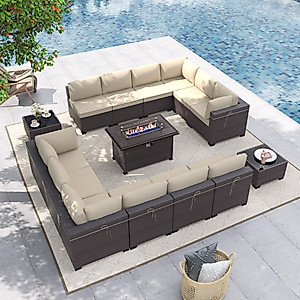 Gotland 15 Piece Outdoor Patio Furniture Set with Gas Fire Pit Table Sectional Sofa w/43in Propane Pit, 55,000 BTU Auto-Ignition Firepit w/Glass Wind Guard