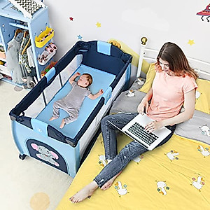 Giantex Nursery Center Playyard Baby Crib Set Portable Nest Bassinet Bed Infant Kids Travel Playpen Pack Deluxe Double-Layer Beds Pocket Diapter Changer Toy Cribs Nursery Centers w/Bag & Caster, Blue