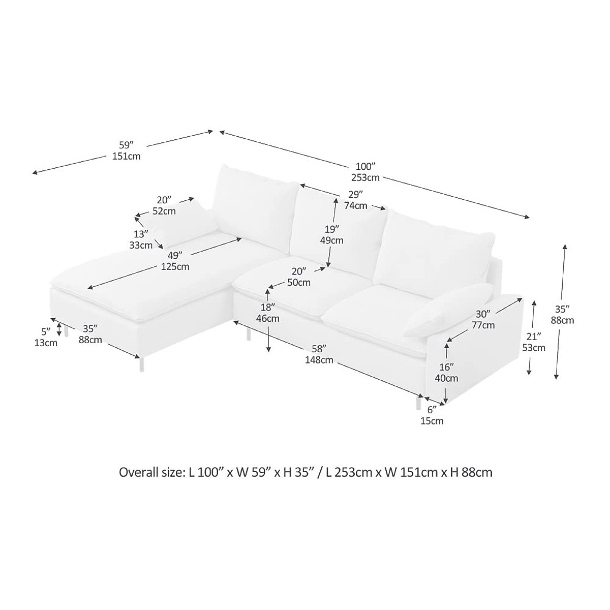 WILLIAMSPACE 100" Sectional Sofa Couch for Living Room, Modern L-Shaped 3 Seat Sofa with Chaise Lounge, Upholstered Sofa with Pillows and Black Metal Legs for Home Office (Left-Facing Chaise, Beige)