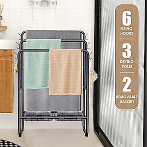 Kayfia 40" Tall Standing Towel Racks, 3 Tier Towel Stand Blanket Rack with 2 Removable Storage Baskets & 6 Hooks, Indoor Outdoor Freestanding Towel Racks for Bathroom Bedroom Organizer (Metal Black)